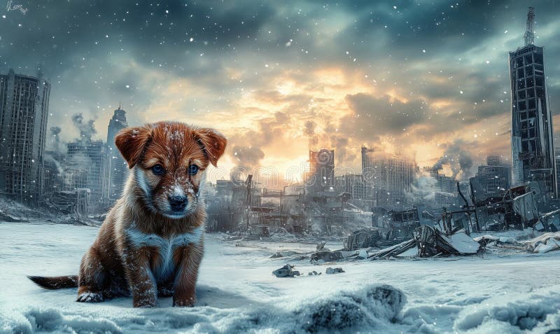 Abandoned Puppy in Post-apocalyptic Cityscape with Snow and Destruction ...