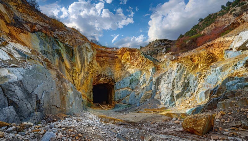 Abandoned Quarry Surrounded by Colorful Rocky Cliffs Under a Dramatic ...