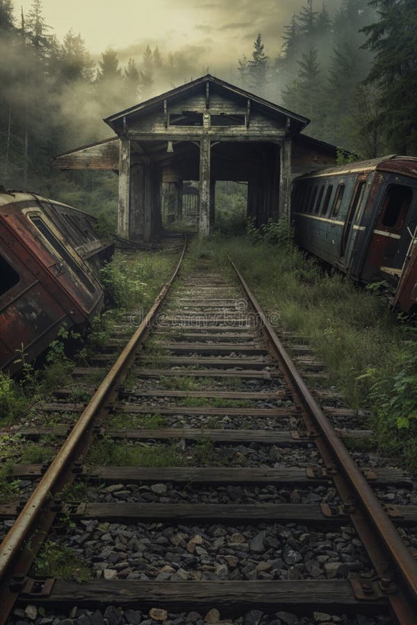 Abandoned Railroad in the Forest with Old Run Down Train Station in the ...