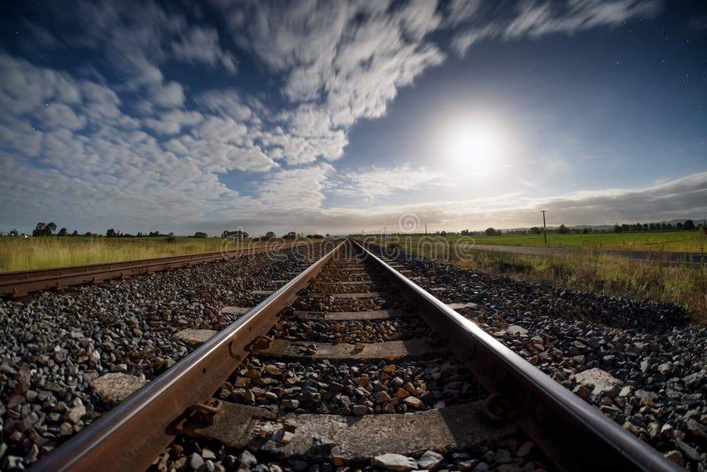 Abandoned Railway Track Lighted by Moonlight Stock Photo - Image of ...