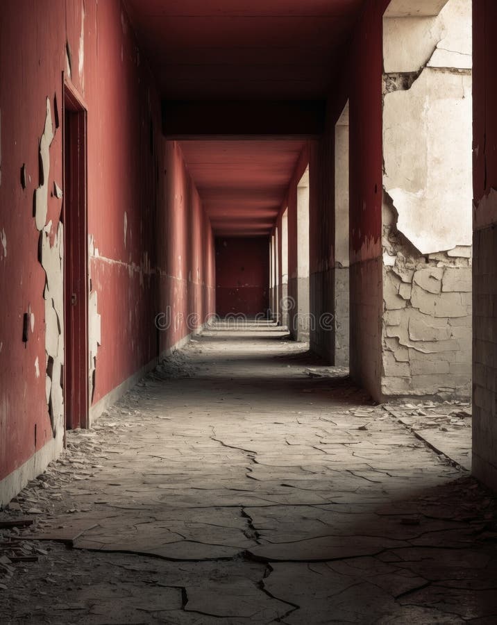 Abandoned Red Corridor with Decaying Walls and Floor. Stock Photo ...