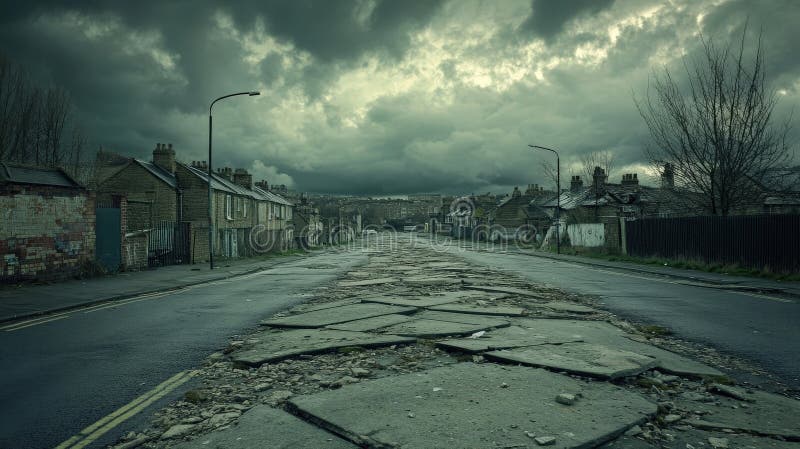 Abandoned Road in a Desolate City Under a Dramatic Sky, Evoking a Sense ...