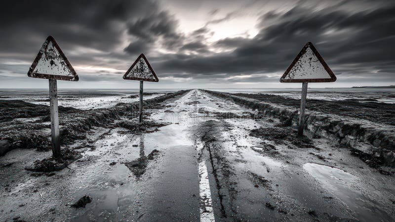 Ominous Road To Nowhere: Warning Signs on a Flooded Coastal Path Stock ...