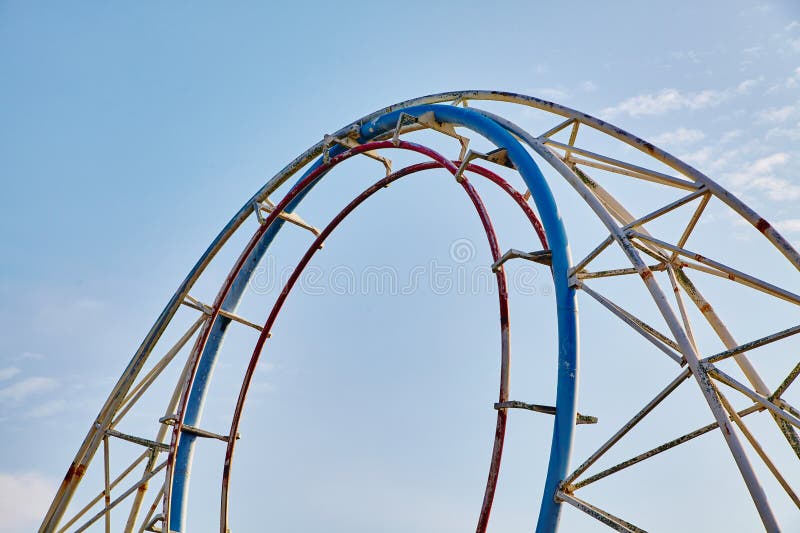 Abandoned Roller Coaster Loop Against Blue Sky, Fun Spot Indiana Stock ...