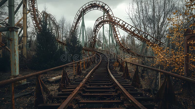 Abandoned Roller Coaster in Overgrown Amusement Park Stock Illustration ...