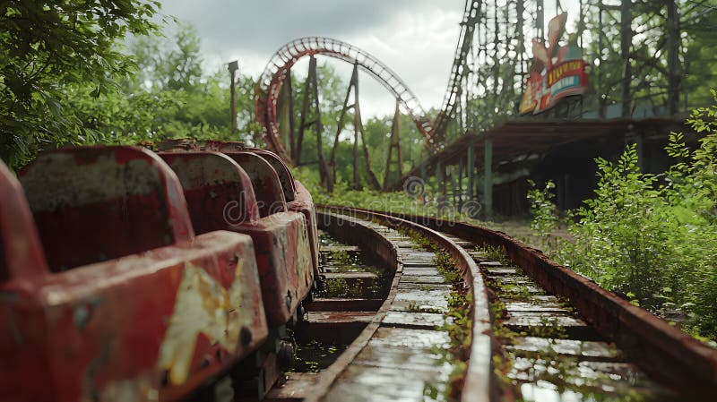 Abandoned Roller Coaster in Overgrown Amusement Park Stock Illustration ...