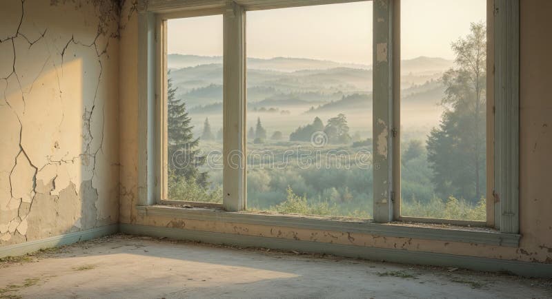 Abandoned Room with Broken Wall and Framed Window Overlooking Natural ...