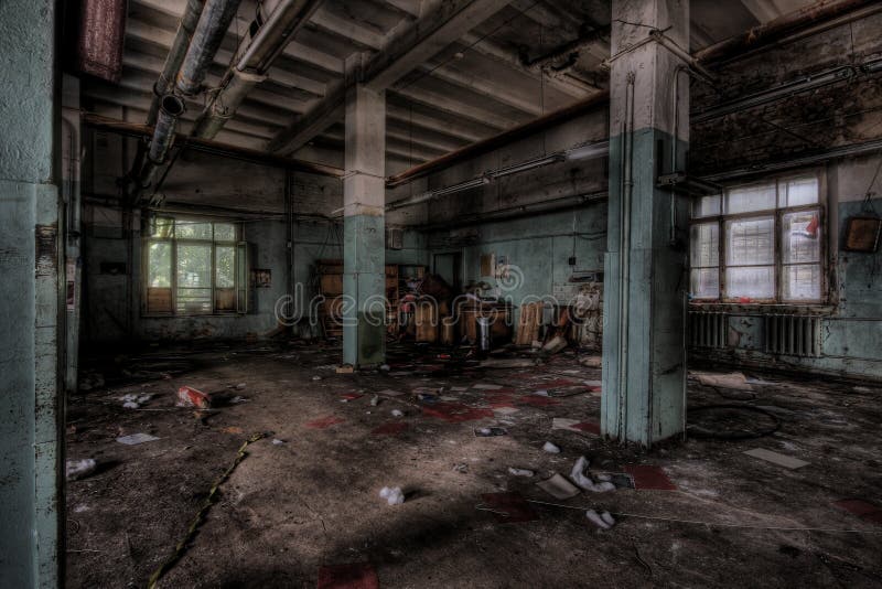Hall with Old and Broken Equipment in an Abandoned Workshop Stock Image ...