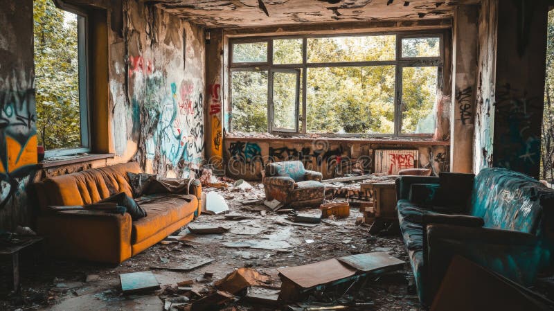 Abandoned Room with Graffiti and Broken Furniture Stock Illustration ...