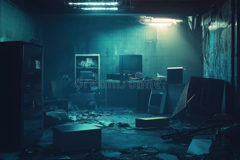 Abandoned Room with Old Electronics and Scattered Debris in Low Light ...