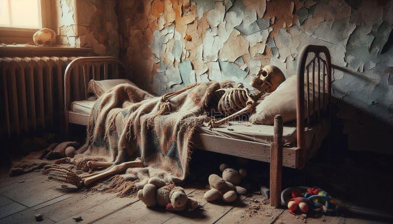 Abandoned Room with a Skeleton on a Bed Stock Illustration ...