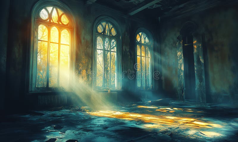 Abandoned Room with Sunlight Streaming through Stained Glass Windows ...