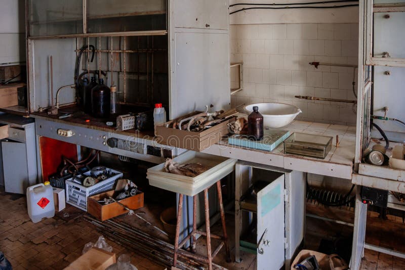 Abandoned Ruined Chemical Laboratory. Old Broken Glassware Stock Image ...