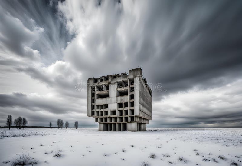 Abandoned Brutalist Building in a Snow Covered Desolate Winter ...