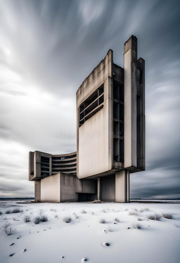 Abandoned Concrete Brutalist Building in a Snow Covered Desolate Winter ...