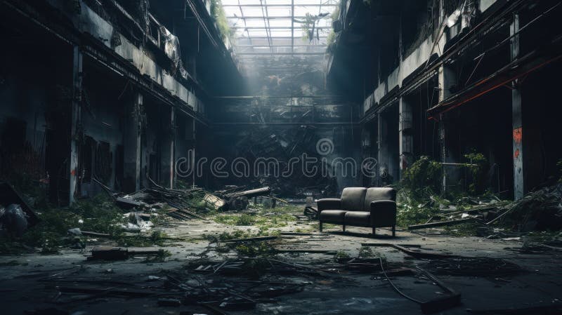 Ruined Industrial Building, with Broken Windows and Missing Roof Slats ...