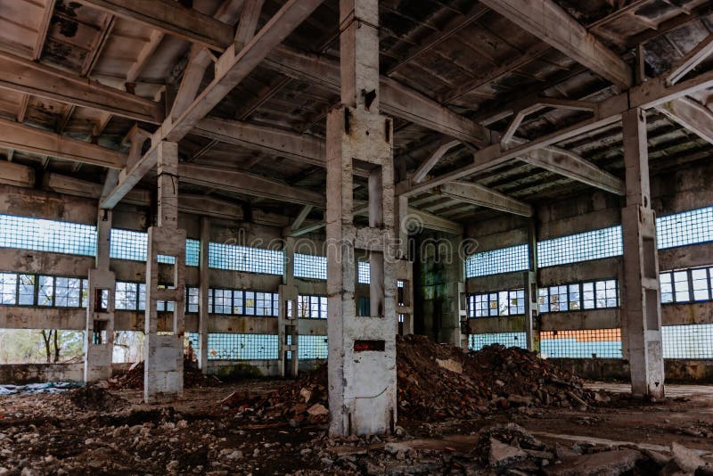 Abandoned Ruined Large Industrial Hall with Garbage Waiting for ...