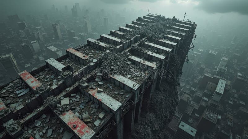 Abandoned Ruined Skyscraper in Foggy Cityscape Stock Image - Image of ...