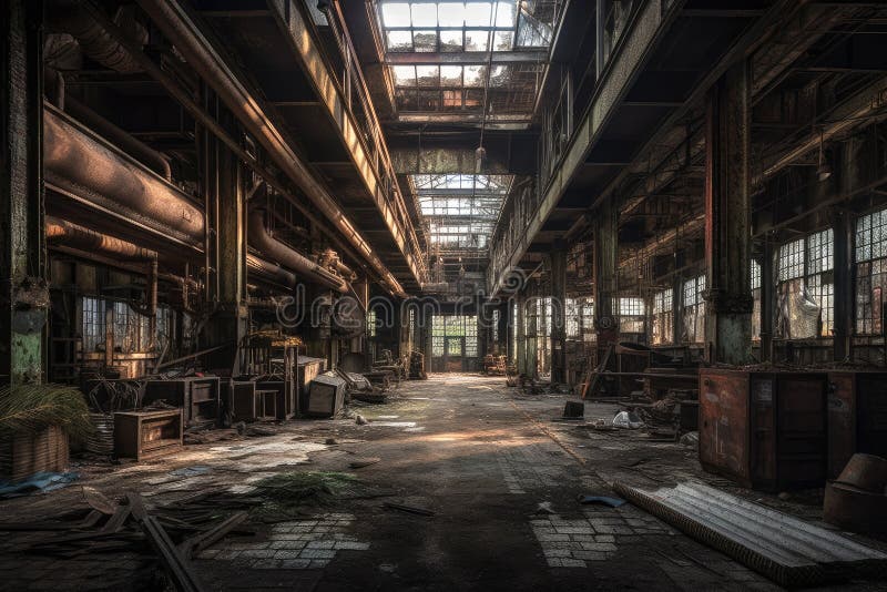 An Abandoned Run-down Factory with Broken Machines in it. Created with ...