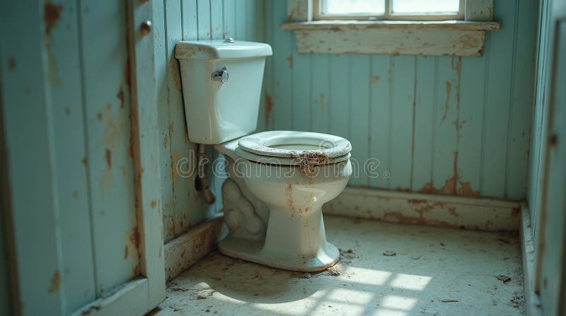 Abandoned Rustic Bathroom Featuring a Damaged Toilet in Natural Light ...