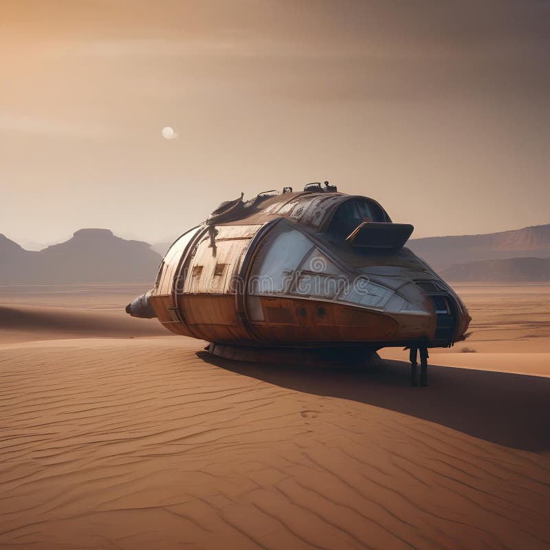 An Abandoned, Rusting Spaceship Stranded in a Barren Desert, with a ...