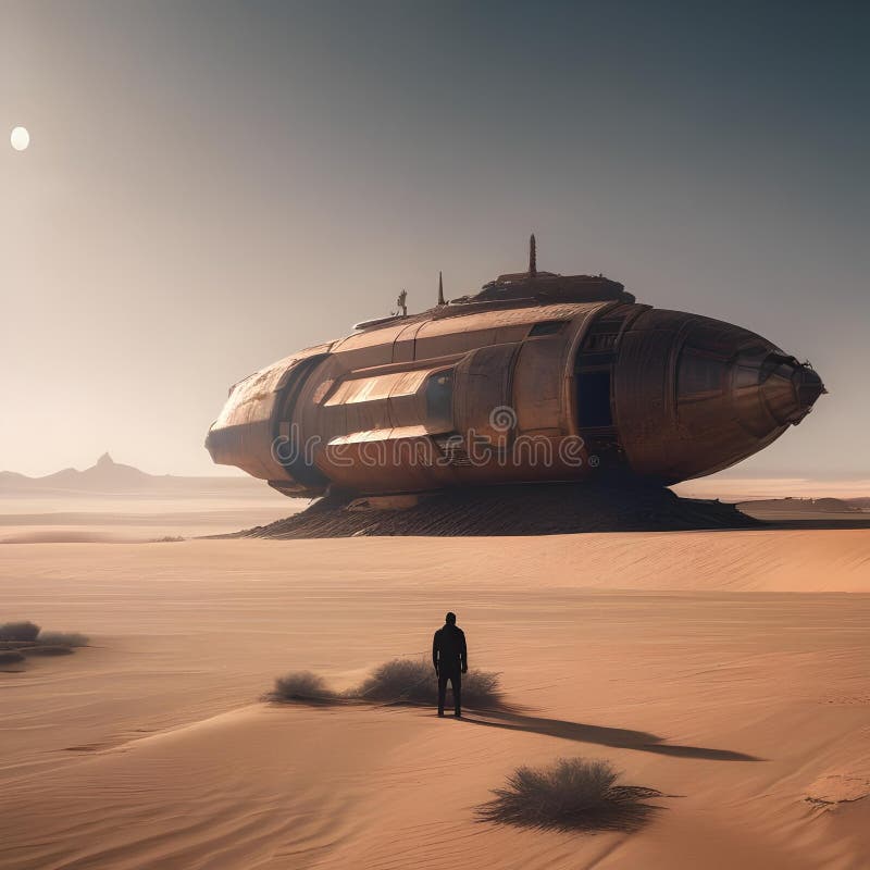 An Abandoned, Rusting Spaceship Stranded in a Barren Desert, with a ...