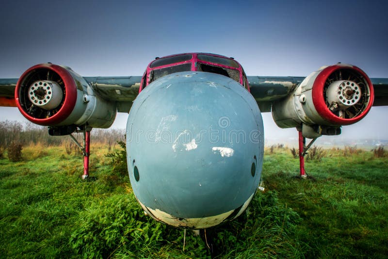 Abandoned Rusty Aircraft Nose and with Missing Propellers. Stock Image ...