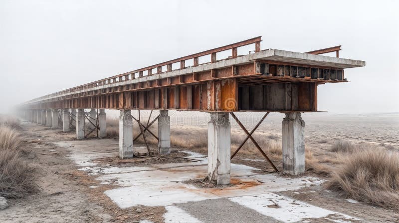 Abandoned Rusty Bridge Disappearing into the Fog in a Desolate ...