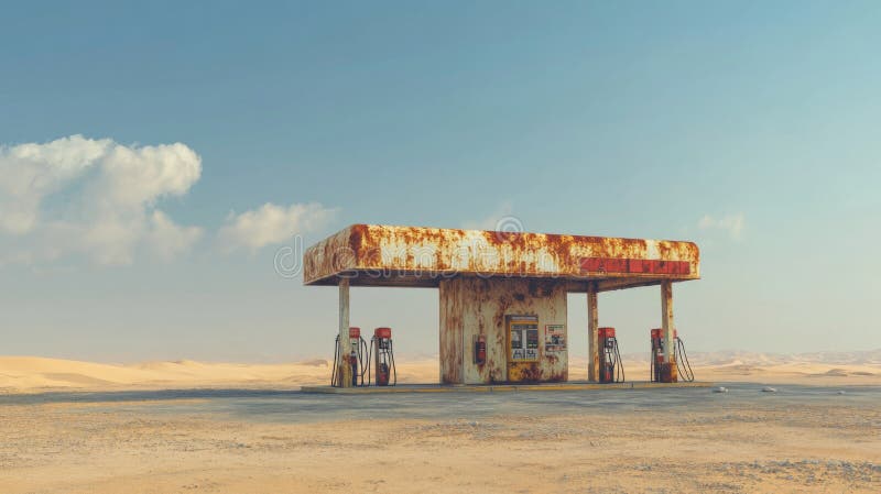 Abandoned Rusty Gas Station in a Desert Landscape Stock Illustration ...