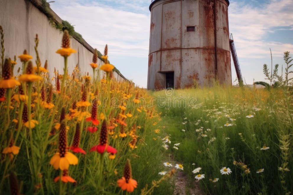 Abandoned Rusty Silo Surrounded by Wildflowers Stock Illustration ...