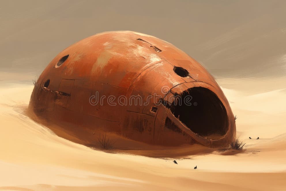 Abandoned Rusty Space Capsule in Desert Landscape Under Cloudy Sky ...