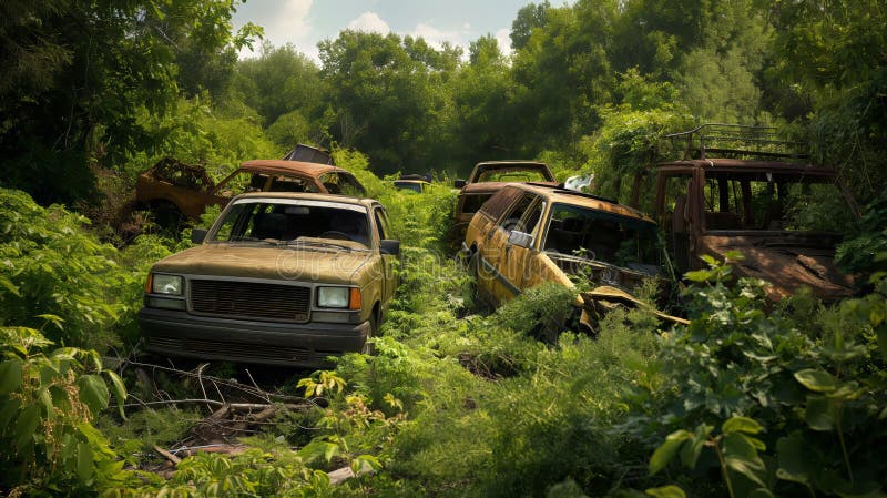 Abandoned Rusty SUVs in Forest Stock Photo - Image of reclaiming ...