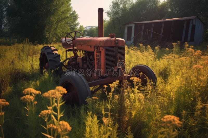Abandoned Rusty Tractor in Overgrown Field Stock Illustration ...