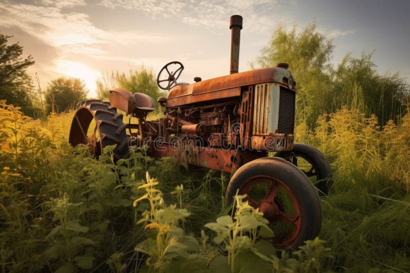 Abandoned Rusty Tractor in Overgrown Field Stock Illustration ...