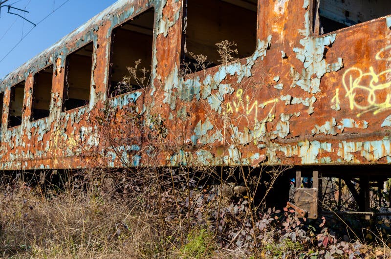 Abandoned Rusty Train Wagon with Peeled Paint Stock Image - Image of ...