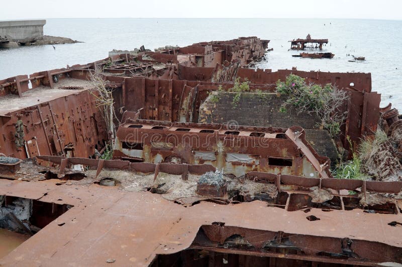 An Abandoned Rusty Warship on the Sand of the Baltic Sea. Hel. Stock ...