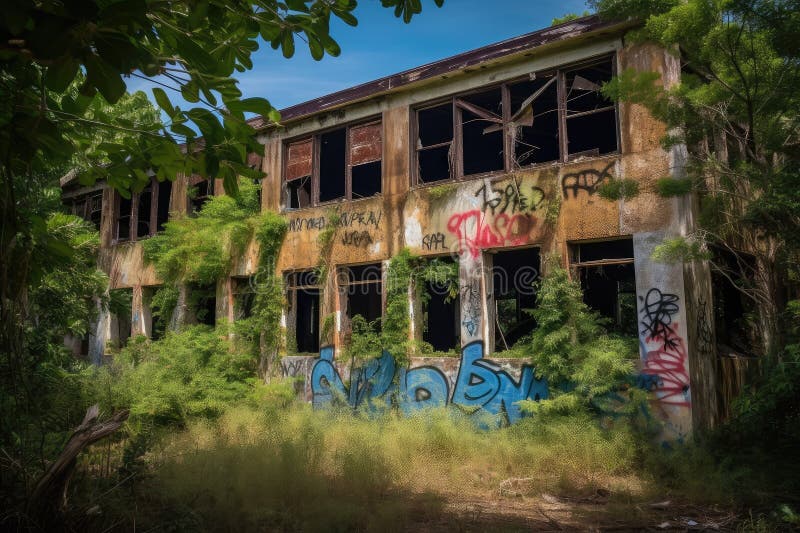 Abandoned School, with Broken Windows and Graffiti on the Walls ...