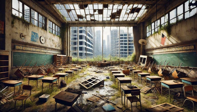 Abandoned School Building in Overgrown Post Apocalyptic Urban Setting ...