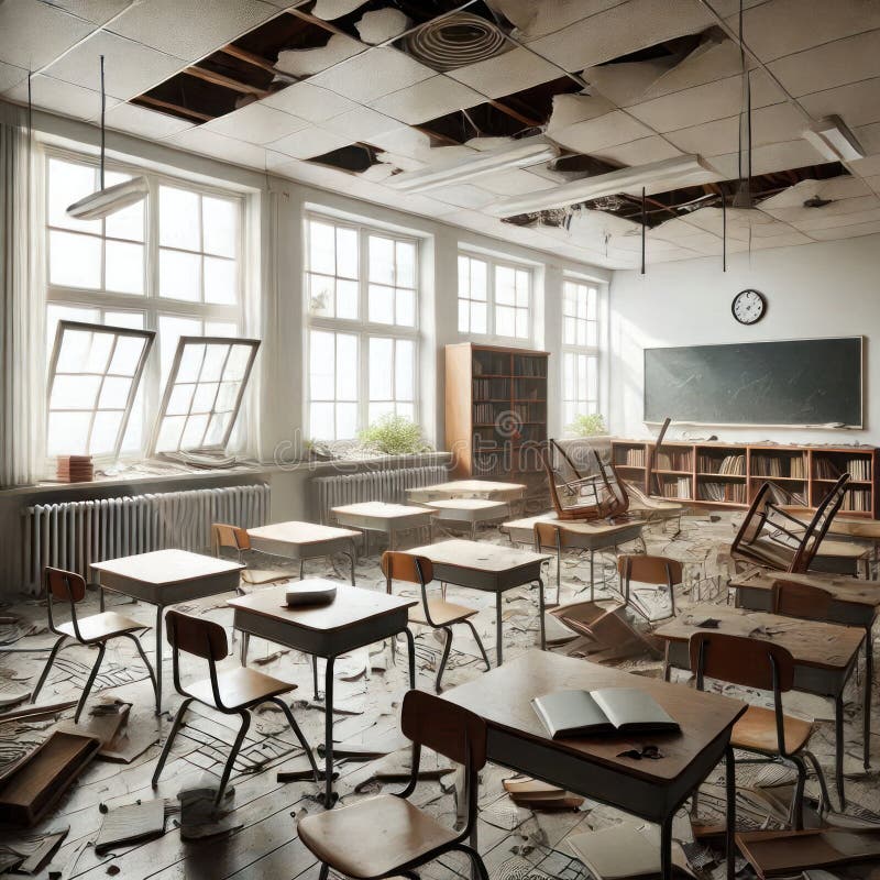 An Abandoned School Classroom with a Destroyed Ceiling. Stock Image ...