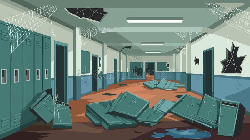 Abandoned School Hallway with Cobwebs and Broken Lockers Stock Vector ...