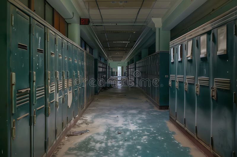 Abandoned School Hallway with Rows of Old Lockers Stock Illustration ...
