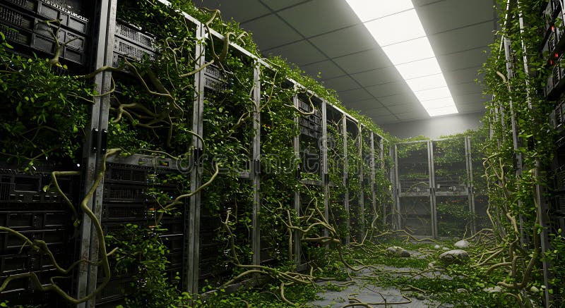Overgrown Server Room: Nature Reclaims Technology Stock Illustration ...