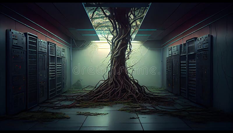 Abandoned Server Room and Dark Corridor with Old Roots and Tree ...