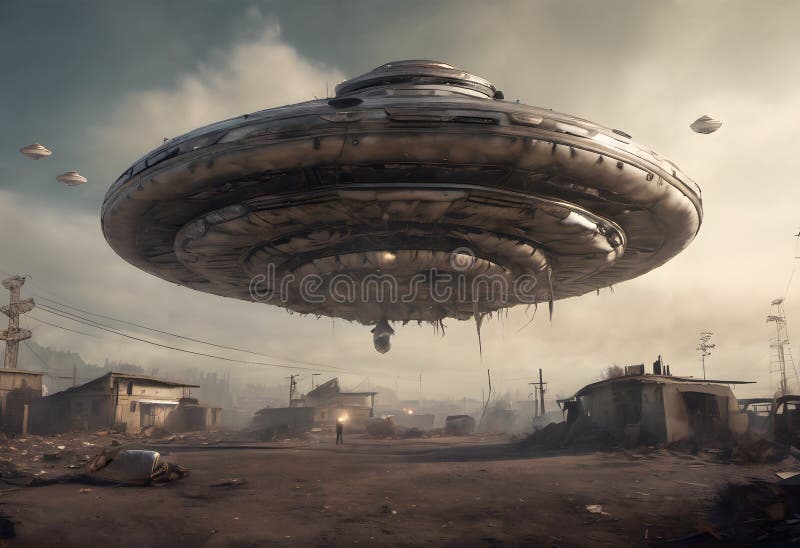 Futuristic Spacecraft Hovering Above Desolate Landscape Stock Photos ...