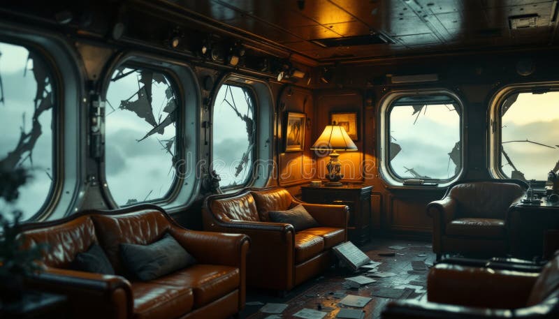 Abandoned Ship Cabin: a Post-Apocalyptic Interior Scene with Shattered ...