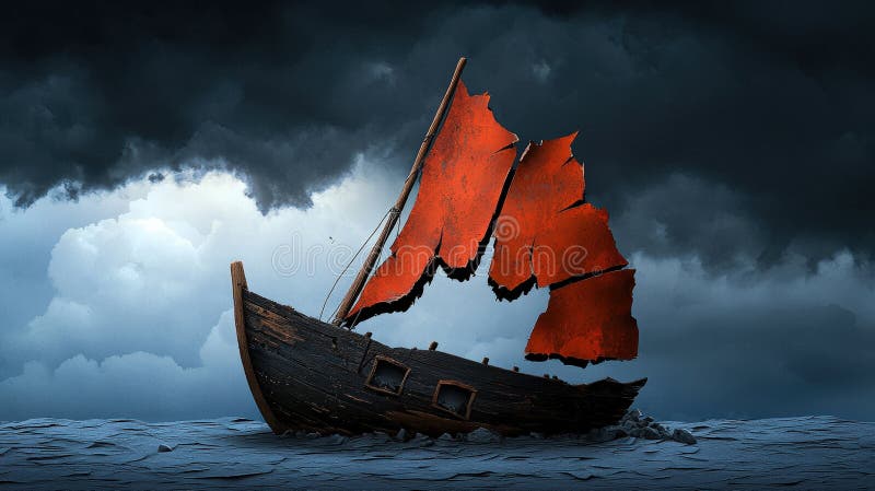 Abandoned Ship with Torn Red Sails in Turbulent Sea Under Dark Stormy ...
