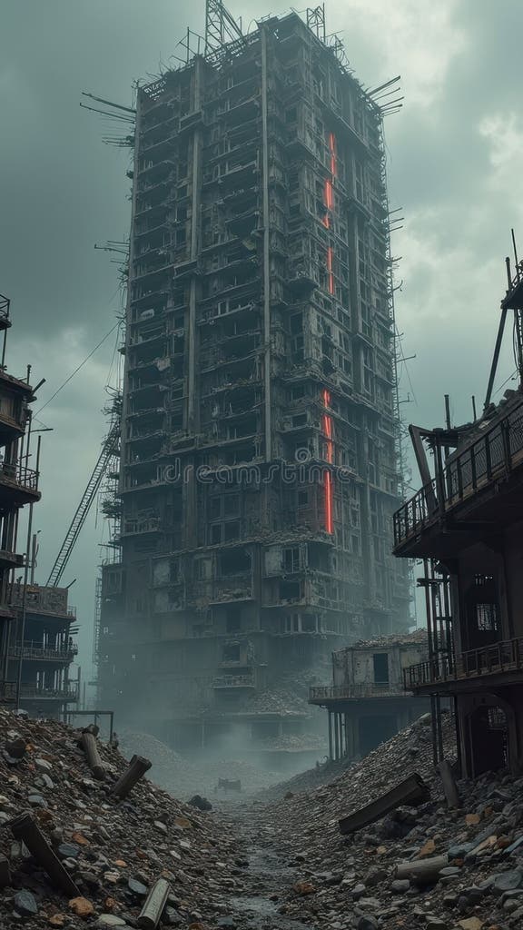 Abandoned Skyscraper Amidst Ruins and Fog with Mysterious Red Light ...