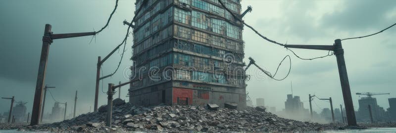Abandoned Skyscraper Amidst Urban Decay and Ruins in Overcast Cityscape ...