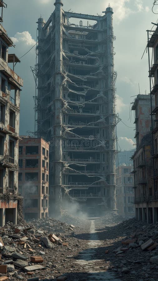 Abandoned Skyscraper Amidst Urban Ruins on Cloudy Day Stock Image ...