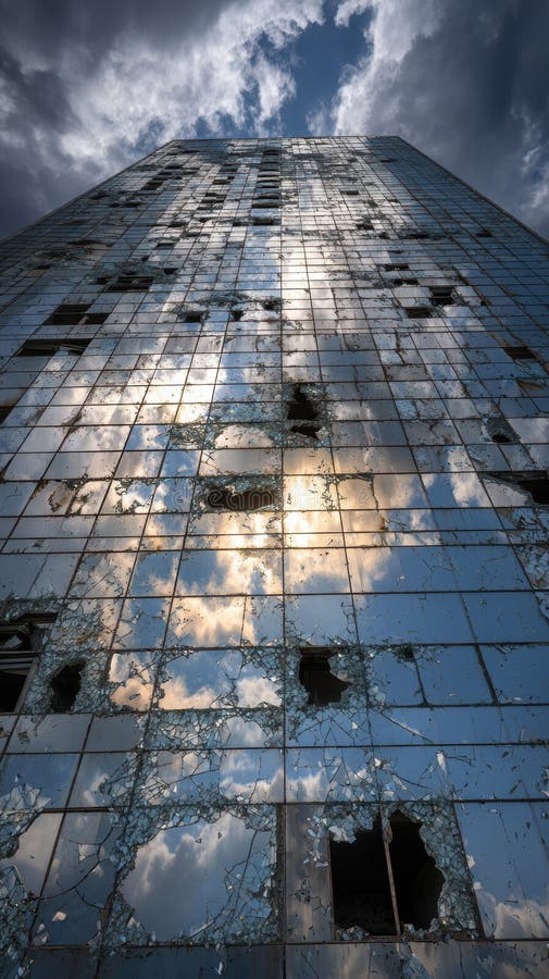 Abandoned Skyscraper with Shattered Glass Windows Reflecting Dramatic ...